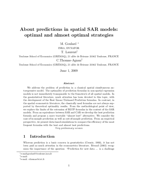(PDF) About predictions in spatial autoregressive models: Optimal and almost optimal strategies