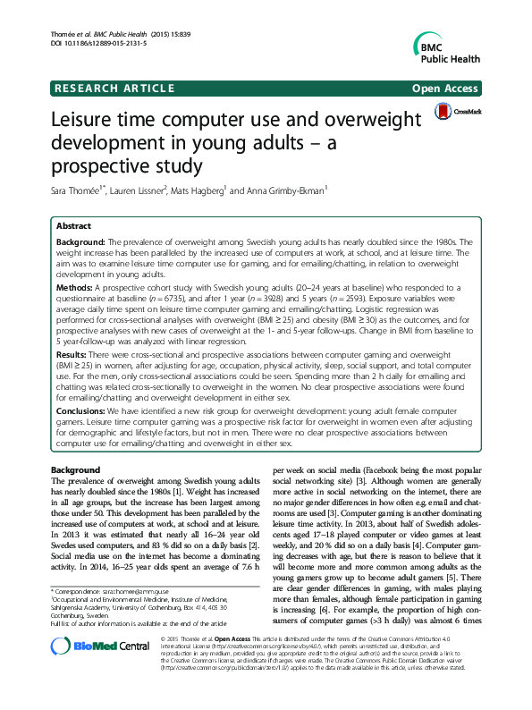 (PDF) Leisure time computer use and overweight development in young ...