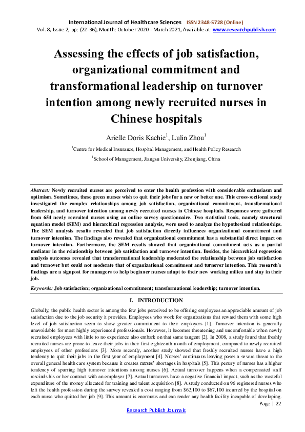 (PDF) Assessing the effects of job satisfaction, organizational commitment and transformational ...