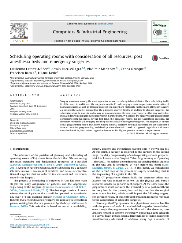 (PDF) Scheduling operating rooms with consideration of all resources ...