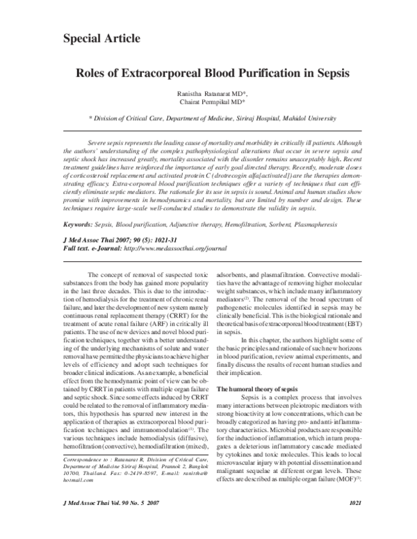 (PDF) Roles of extracorporeal blood purification in sepsis
