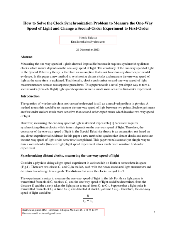 (PDF) How to Solve the Clock Synchronization Problem to Measure the One-Way Speed of Light and ...