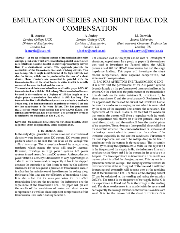 (PDF) Emulation of Series and Shunt Reactor Compensation