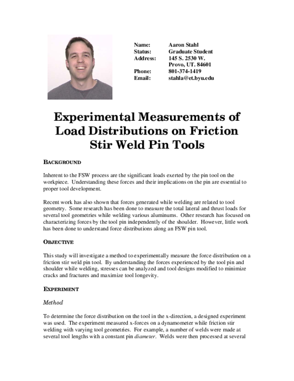 (PDF) Experimental Measurements of Load Distributions on Friction Stir ...