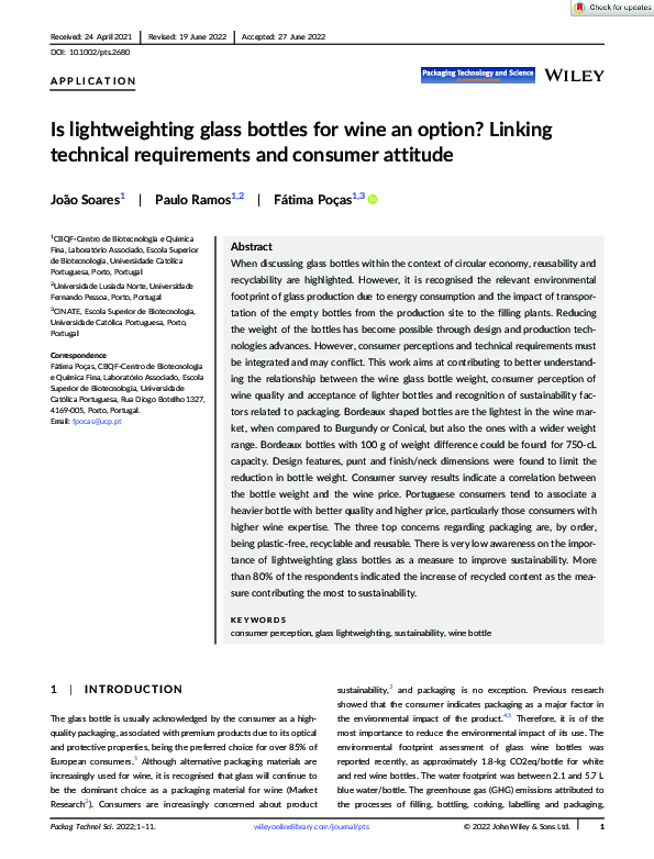 (PDF) Is lightweighting glass bottles for wine an option? Linking ...