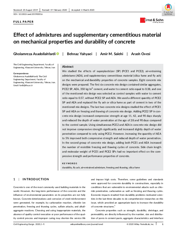 (PDF) Effect of admixtures and supplementary cementitious material on mechanical properties and ...