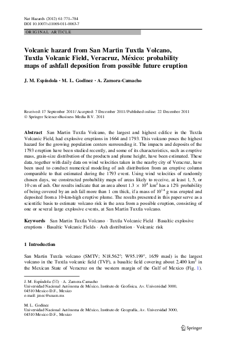 (PDF) Volcanic hazard from San Martin Tuxtla Volcano, Tuxtla Volcanic ...