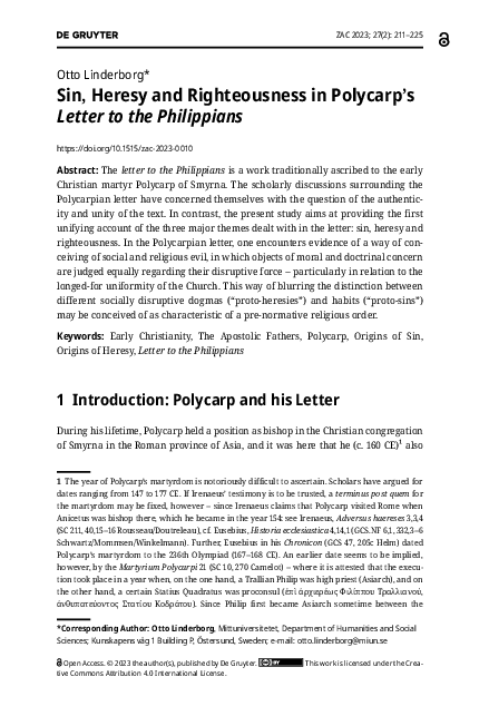 (PDF) Sin, Heresy and Righteousness in Polycarp’s Letter to the Philippians
