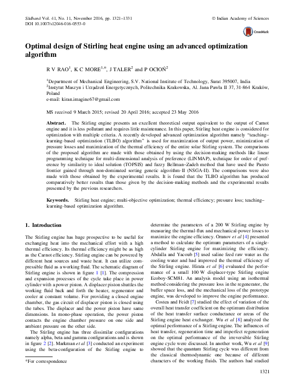 (PDF) Optimal design of Stirling heat engine using an advanced optimization algorithm