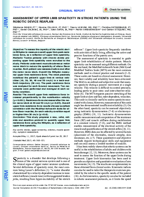 Pdf Assessment Of Upper Limb Spasticity In Stroke Patients Using The
