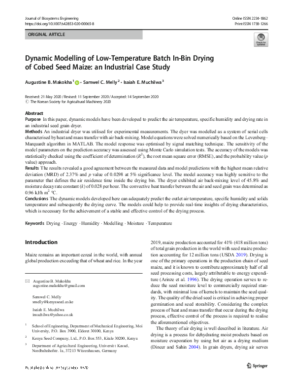 (PDF) Dynamic Modelling of Low-Temperature Batch In-Bin Drying of Cobed ...