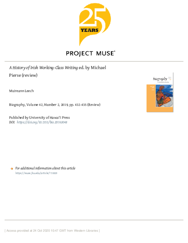 (PDF) A History of Irish Working-Class Writing ed. by Michael Pierse