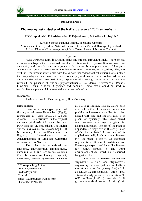(PDF) Pharmacognostic studies of the leaf and stolon of Pistia ...