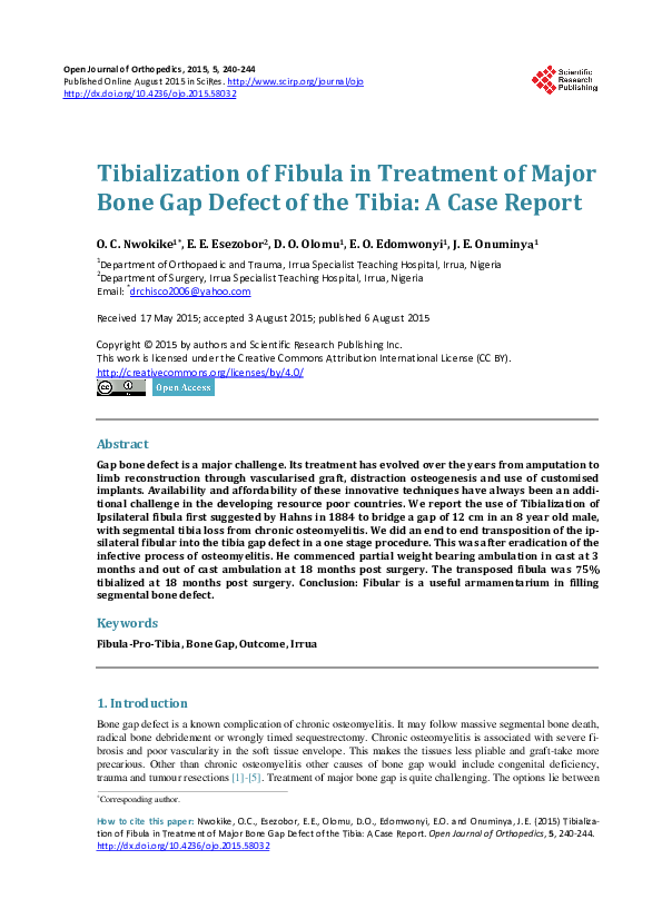 (PDF) Tibialization of Fibula in Treatment of Major Bone Gap Defect of ...