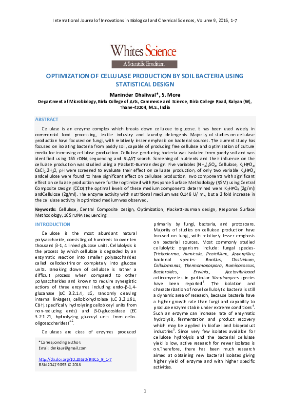 (PDF) Optimization of Cellulase Production by Soil Bacteria Using Statistical Design