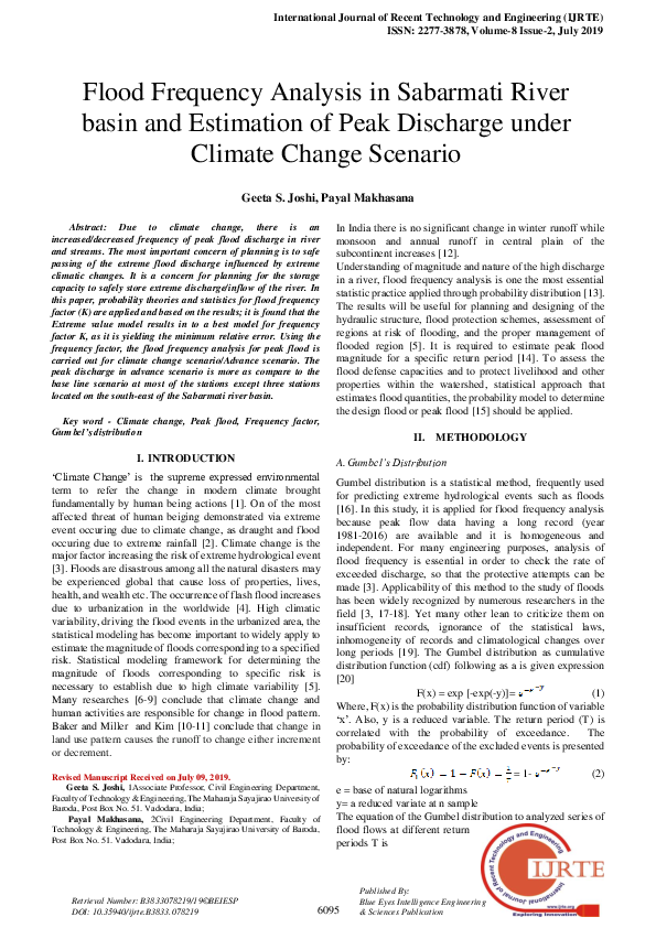 (PDF) Flood Frequency Analysis in Sabarmati River basin and Estimation of Peak Discharge under ...