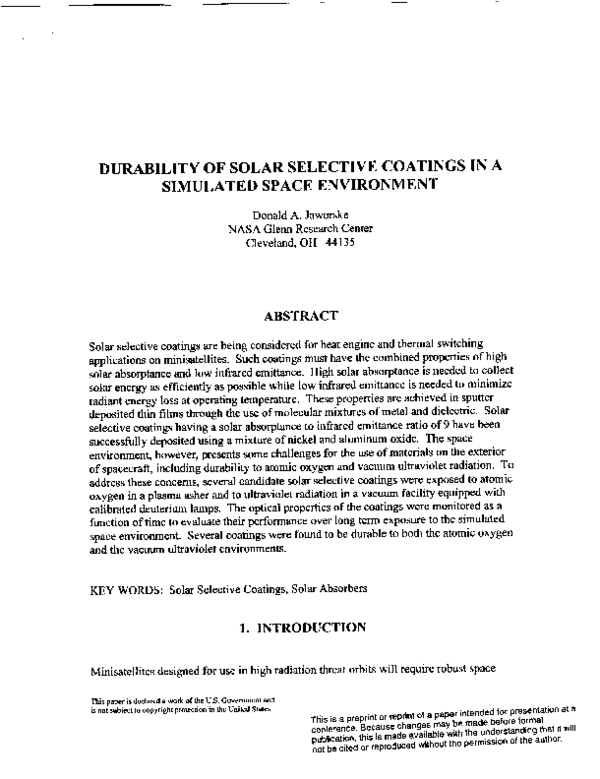(PDF) Durability of Solar Selective Coatings in a Simulated Space ...