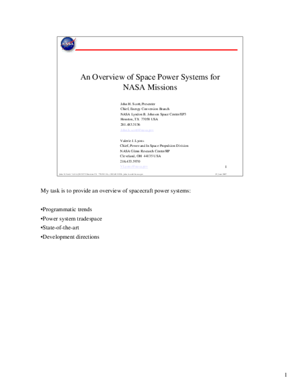 (PDF) An Overview of Space Power Systems for NASA Missions