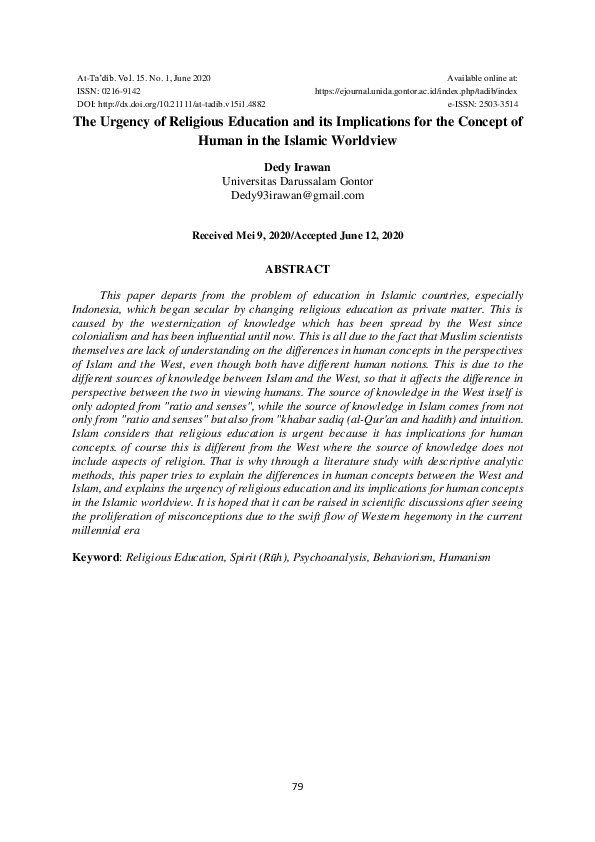 (PDF) The Urgency of Religious Education and its Implications for the Concept of Human in the ...