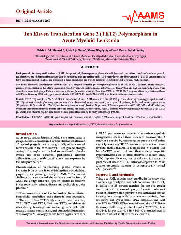 (PDF) Ten Eleven Translocation Gene 2 (TET2) Polymorphism In Acute ...