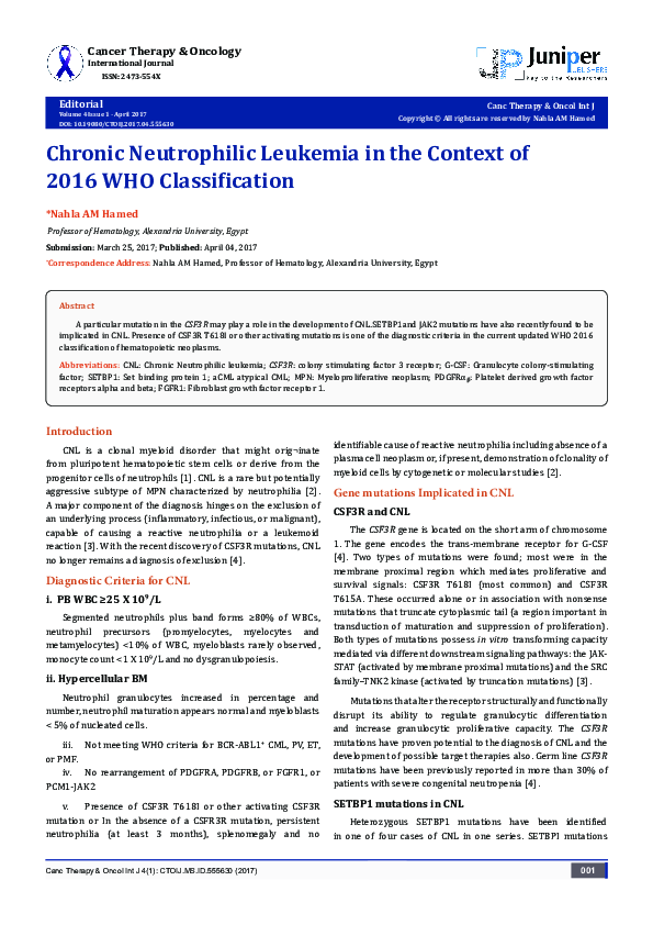 (PDF) Chronic Neutrophilic Leukemia in the Context of 2016 WHO Classification