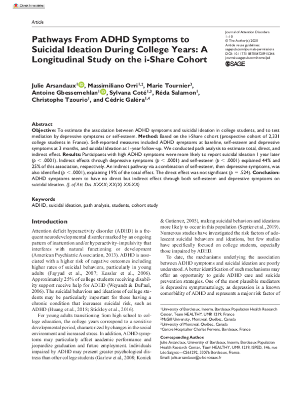 (PDF) Pathways From ADHD Symptoms to Suicidal Ideation During College ...