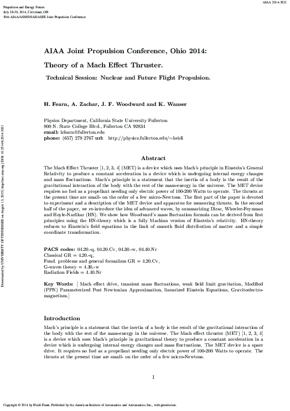 (PDF) Theory of a Mach Effect Thruster
