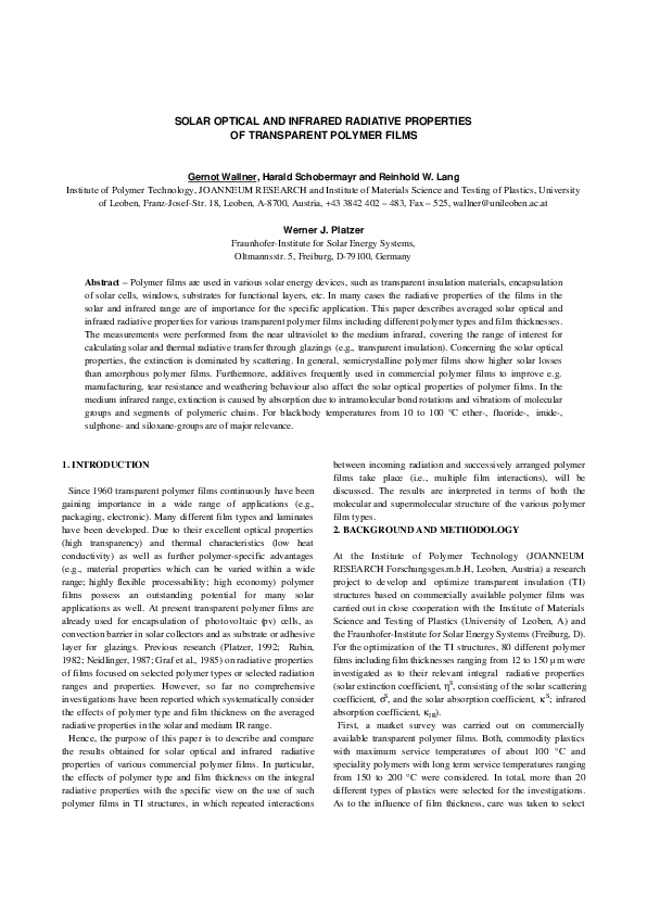 (PDF) Solar Optical and Infrared Radiative Properties of Transparent ...