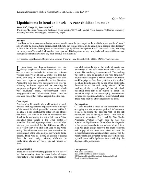 (PDF) Lipoblastoma in head and neck--a rare childhood tumour