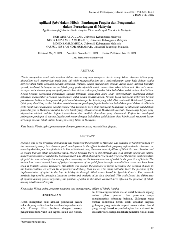 (PDF) Aplikasi Qabd dalam Hibah: Pandangan Fuqaha dan Pengamalan dalam Perundangan di Malaysia ...