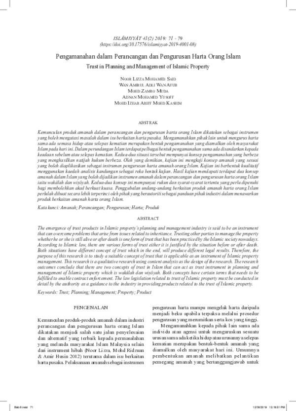 (PDF) Pengamanahan dalam Perancangan dan Pengurusan Harta Orang Islam
