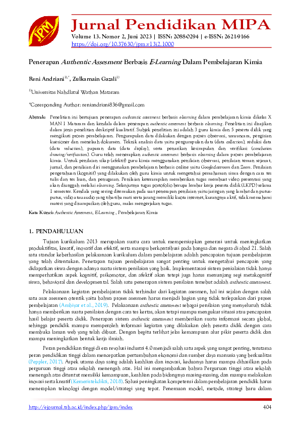 (PDF) Penerapan Authentic Assesment Berbasis E-Learning Dalam Pembelajaran Kimia