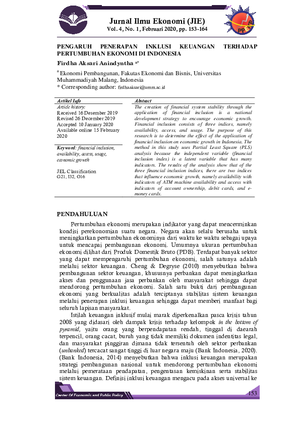 (PDF) Pengaruh Penerapan Inklusi Keuangan Terhadap Pertumbuhan Ekonomi di Indonesia