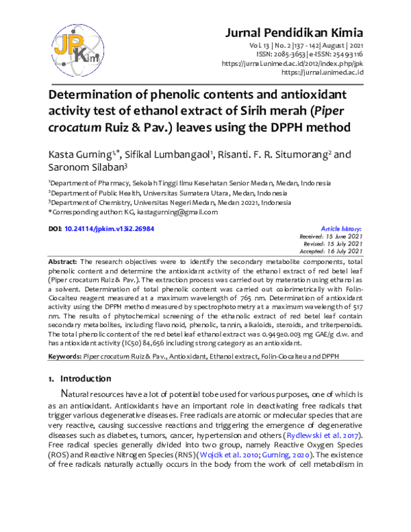 (PDF) Determination of phenolic contents and antioxidant activity test ...