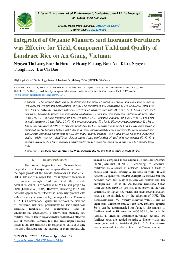 (PDF) Integrated of Organic Manures and Inorganic Fertilizers was Effecive for Yield, Component ...