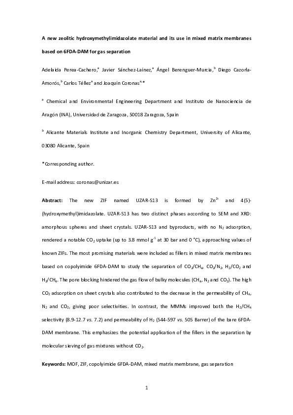 (PDF) A new zeolitic hydroxymethylimidazolate material and its use in mixed matrix membranes ...