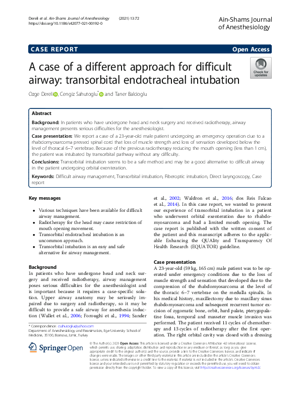 (PDF) A case of a different approach for difficult airway: transorbital ...