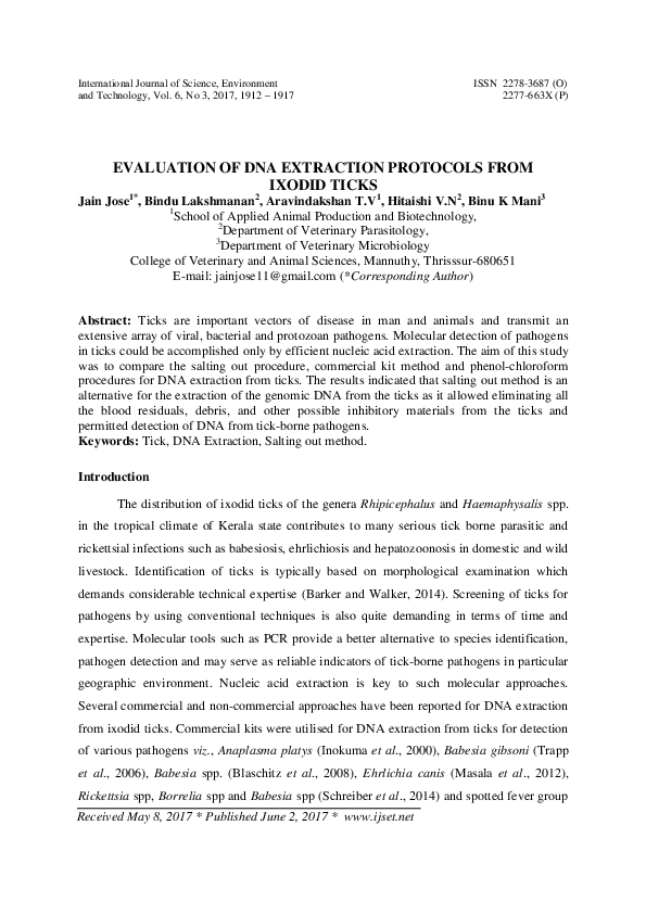 (PDF) Evaluation of Dna Extraction Protocols from Ixodid Ticks