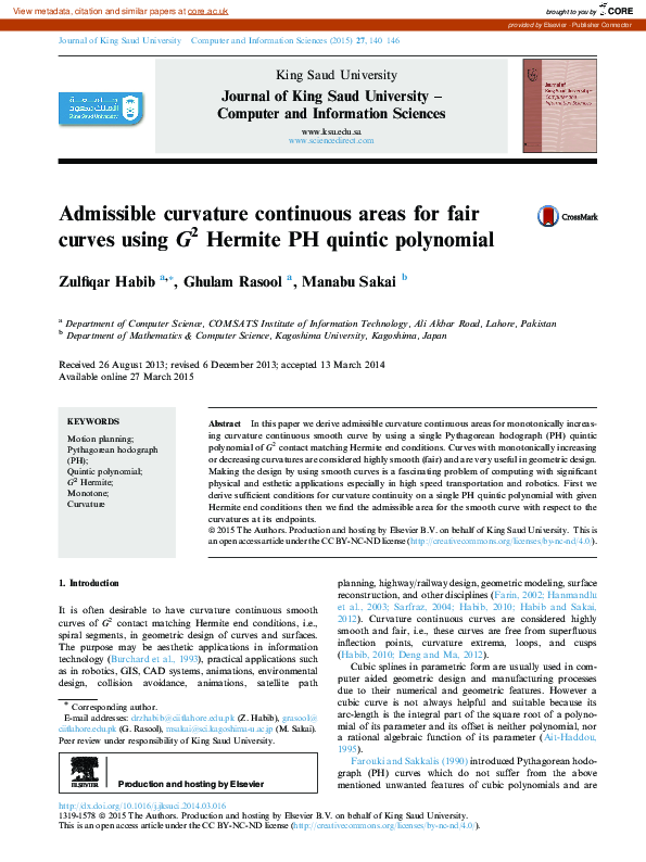 (PDF) Admissible curvature continuous areas for fair curves using G2 Hermite PH quintic ...