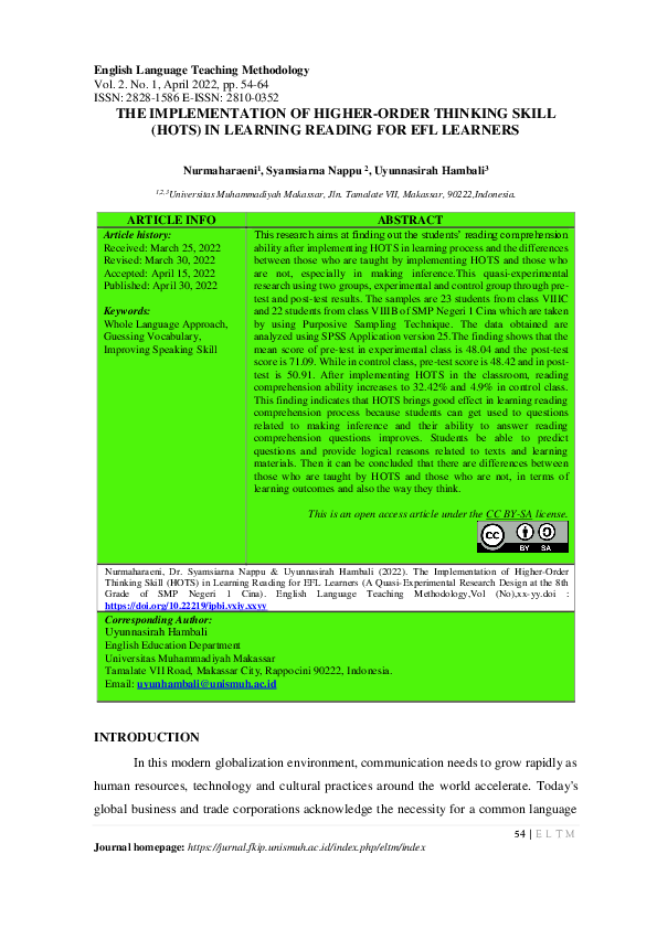 (PDF) The Implementation of Higher-Order Thinking Skill (Hots) in ...