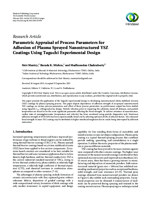 (PDF) Parametric Appraisal of Process Parameters for Adhesion of Plasma Sprayed Nanostructured ...