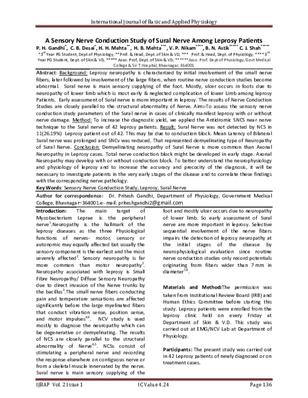(PDF) A Sensory Nerve Conduction Study of Sural Nerve Among Leprosy ...