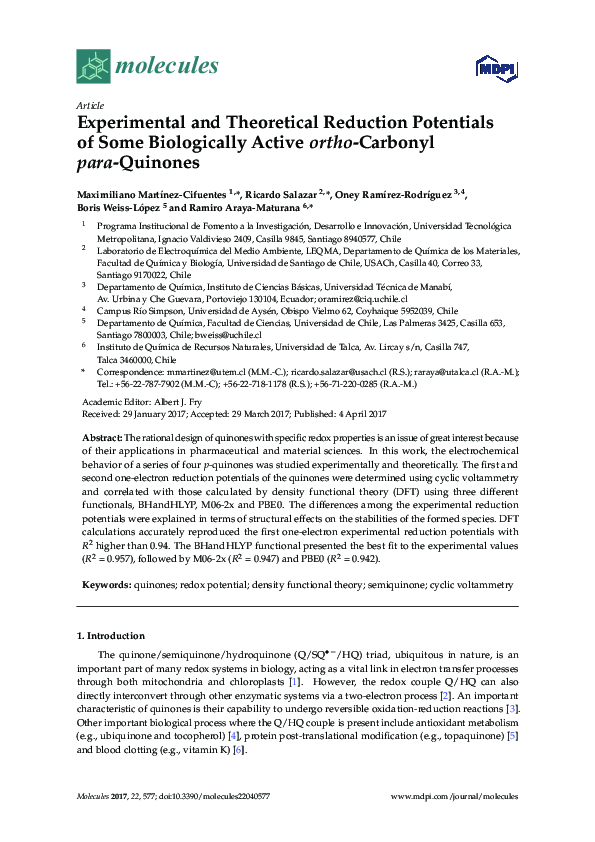 (PDF) Experimental and Theoretical Reduction Potentials of Some ...