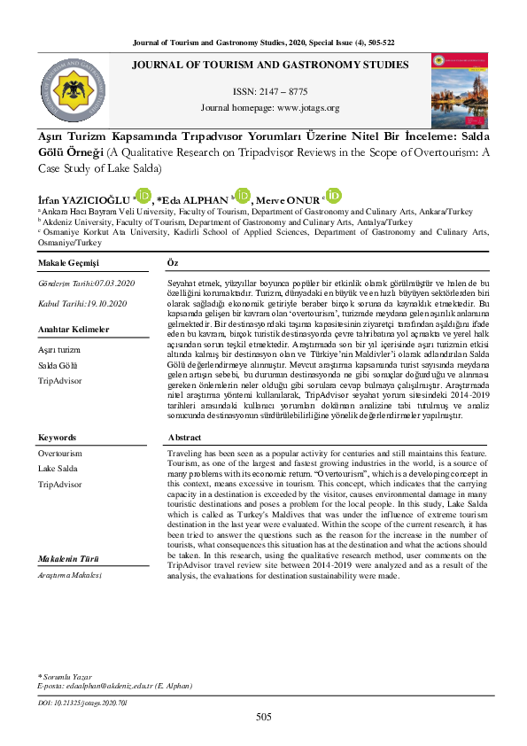 (PDF) Aşırı Turizm Kapsamında Trıpadvısor Yorumları Üzerine Nitel Bir İnceleme: Salda Gölü ...