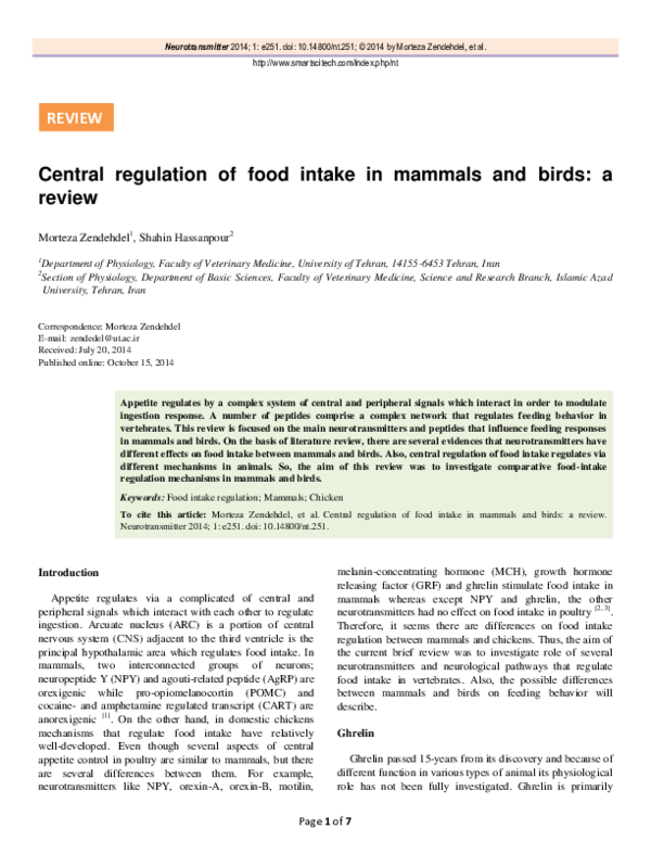 (PDF) Central regulation of food intake in mammals and birds: a review ...