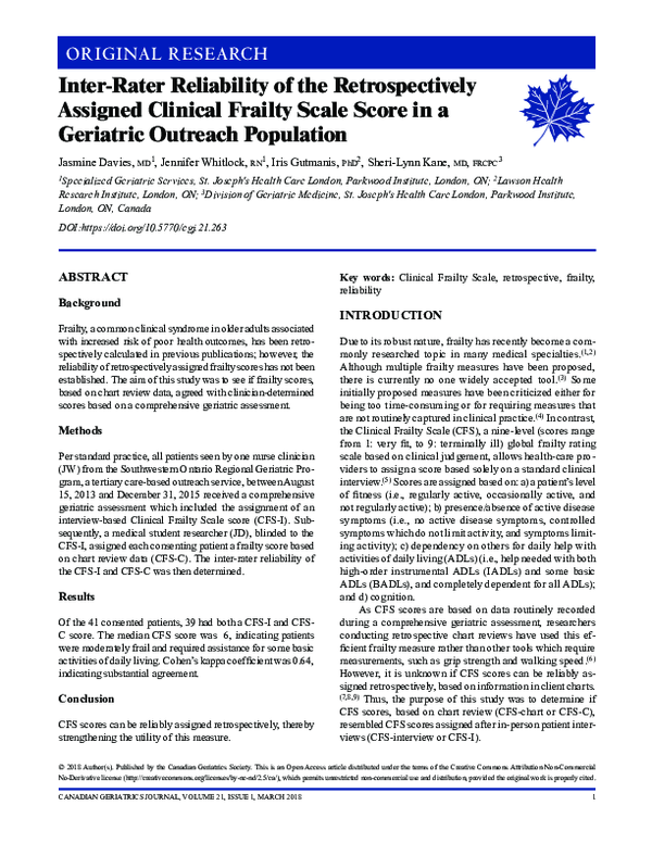 (PDF) Inter-Rater Reliability of the Retrospectively Assigned Clinical Frailty Scale Score in a ...