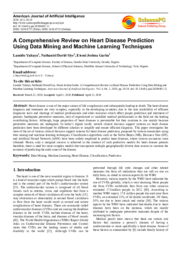 (PDF) A Comprehensive Review on Heart Disease Prediction Using Data Mining and Machine Learning ...