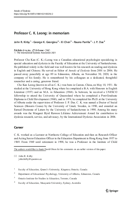 (PDF) Professor C. K. Leong: in memoriam