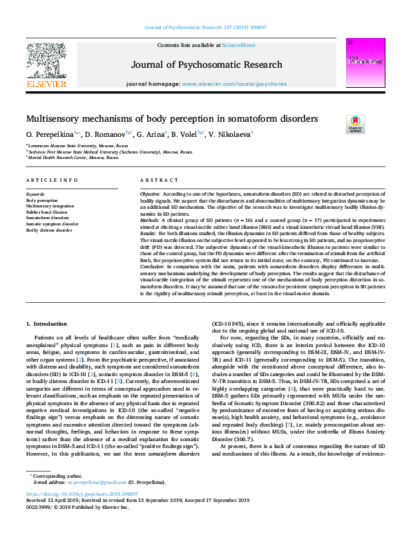 (PDF) Multisensory mechanisms of body perception in somatoform disorders
