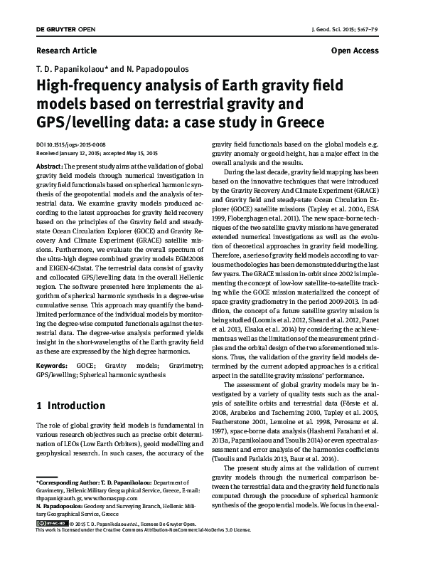 (PDF) High-frequency analysis of Earth gravity field models based on terrestrial gravity and GPS ...